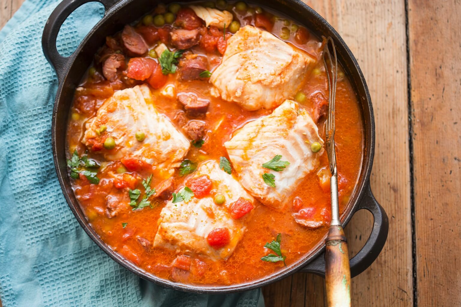 Cod chorizo stew with peas and parsley in tomato sauce | Mon cookeo